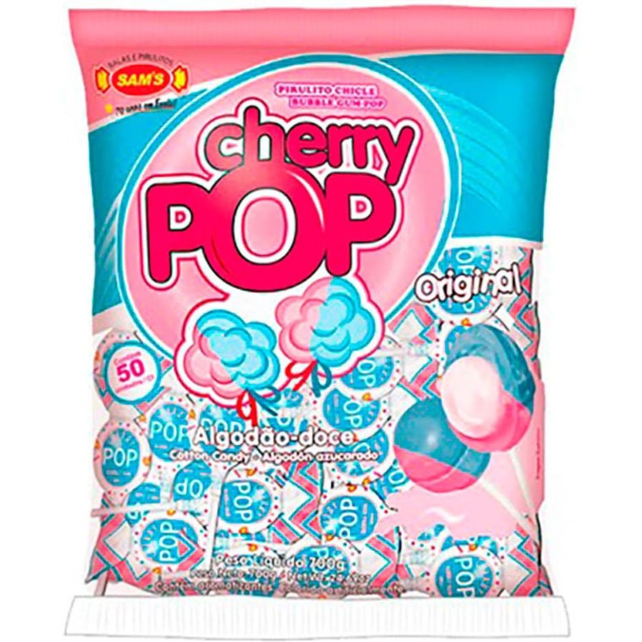 Pirulito Cherry Pop Rosa e Azul - Embalagens da 25